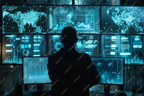 A Cyber Security Analyst Monitors Network Security Data On Multiple Screens In A Dark Room