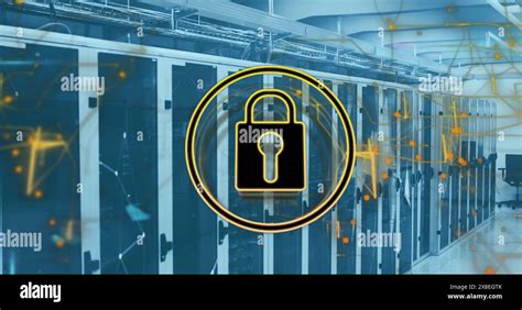image of padlock in circle with navigation pattern over connected dots on server racks stock