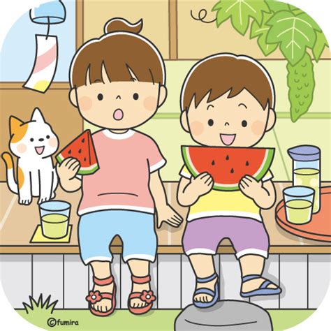 スイカを食べる子どもたちのイラストカラー 子供と動物のイラスト屋さん わたなべふみ