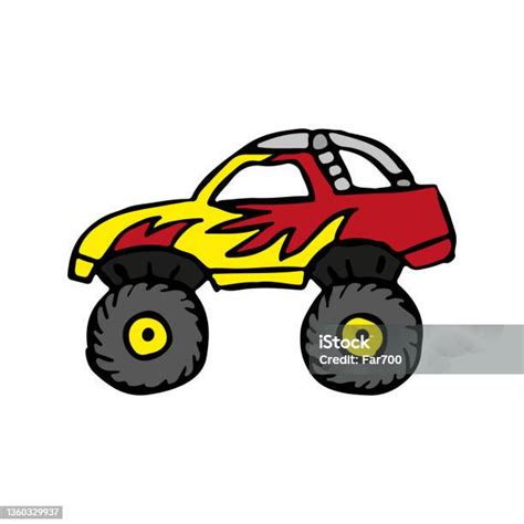만화 몬스터 트럭 아이콘 측면 보기입니다 손으로 그린 벡터 그래픽 그림 흰색 배경에 격리된 개체입니다 격리 몬스터 트럭에 대한 스톡 벡터 아트 및 기타 이미지 Istock