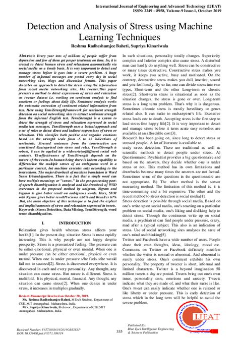 Pdf Detection And Analysis Of Stress Using Machine Learning Techniques