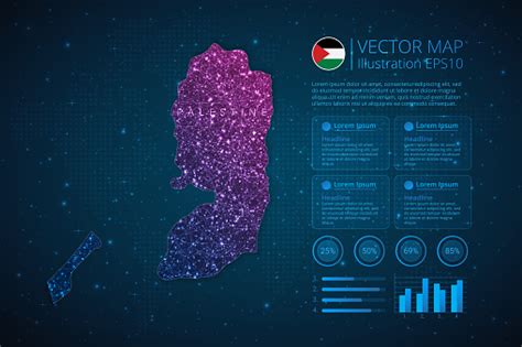 팔레스타인 지도 인포그래픽 템플릿은 다이어그램 그래프 프리젠테이션 및 파란색 배경에 추상적인 기하학적 메쉬 다각형 조명 개념이 있는 차트입니다 0명에 대한 스톡 벡터 아트
