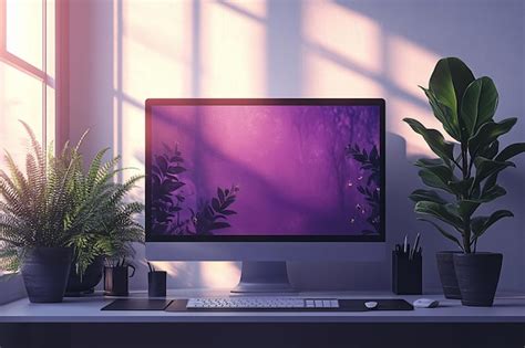 A Purple Computer Screen With A Purple Background And A Plant In The