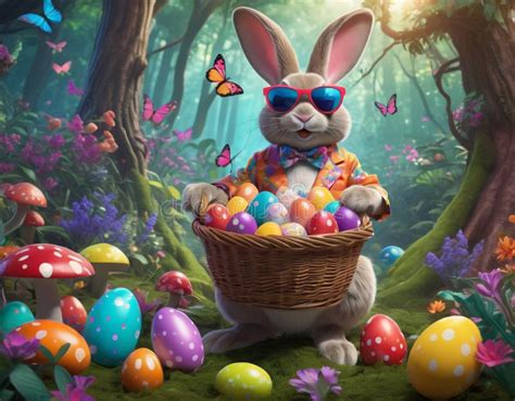 Easter Bunny Hides Colorful Eggs In The Forest Clearing Around Him Are