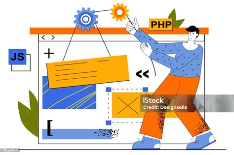 웹 개발 개념입니다 개발자는 사이트의 레이아웃을 만듭니다 이 다른 언어로 프로그래밍 장소 버튼 탐색 요소 평면 선 디자인의 웹
