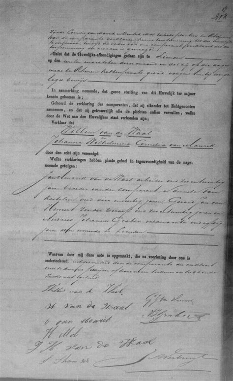 Huwelijksakte Van Willem Van De Waal 1849 1923 En Johanna Wilhelmina