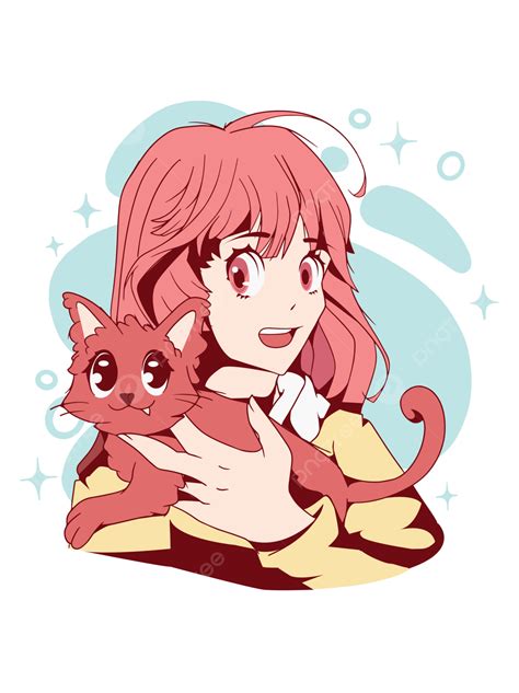 Anime Girl With Cat Japanese Manga Girl Animal Vector Hand Drawn Pet