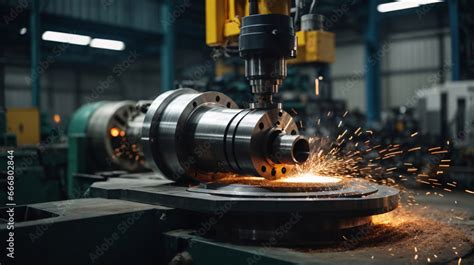 The Cnc Milling Machine Cutting The Metal Part With The Sparking Light The Hi Technology Mold