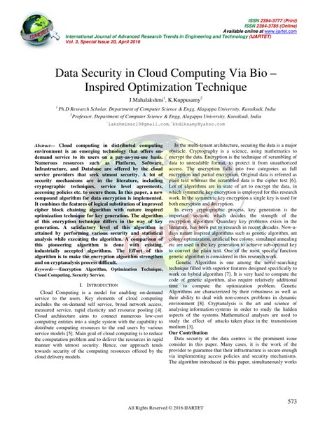 Pdf Data Security In Cloud Computing Via Bio Inspired Optimization Technique