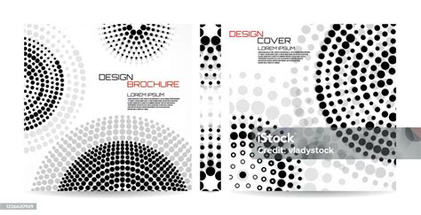 점선이 있는 브로셔 템플릿입니다 원형 형태의 점 잡지 포스터 책 프리젠 테이션 광고 추상 벡터 배경입니다 텍스트 커버 디자인 가능성에 대한 스톡 벡터 아트 및 기타 이미지