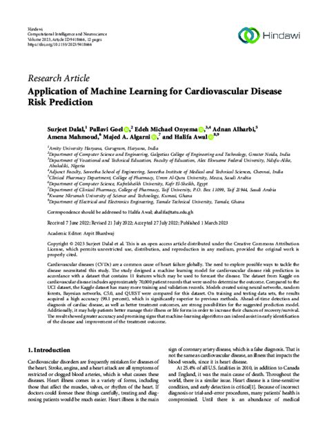 Pdf Application Of Machine Learning For Cardiovascular Disease Risk Prediction