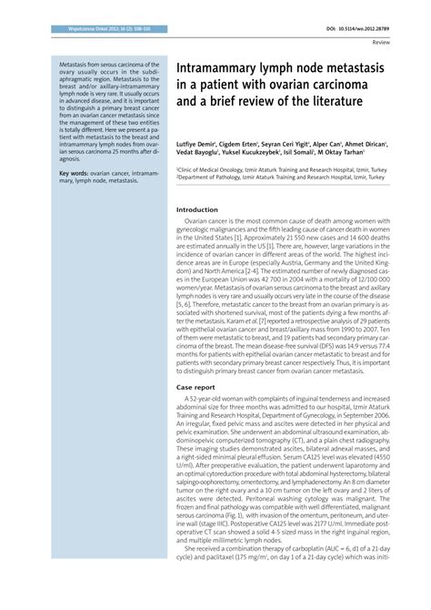 Pdf Intramammary Lymph Node Metastasis In A Patient With Ovarian Carcinoma And A Brief Review