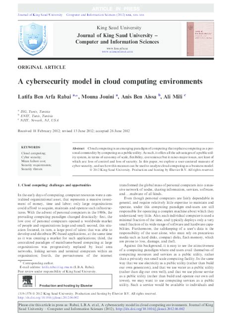 Pdf A Cybersecurity Model In Cloud Computing Environments