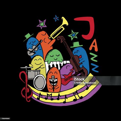 재즈 음악 괴물 낙서입니다 화려한 벡터 일러스트 레이 션 행복 한 휴일 음악 축제입니다 가수에 대한 스톡 벡터 아트 및 기타 이미지 가수 공연자 귀여운 Istock