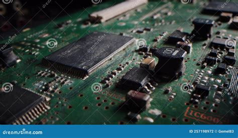 Macro Camera Moving Slowly Over Printed Circuit Board Showing Computer Motherboard Components