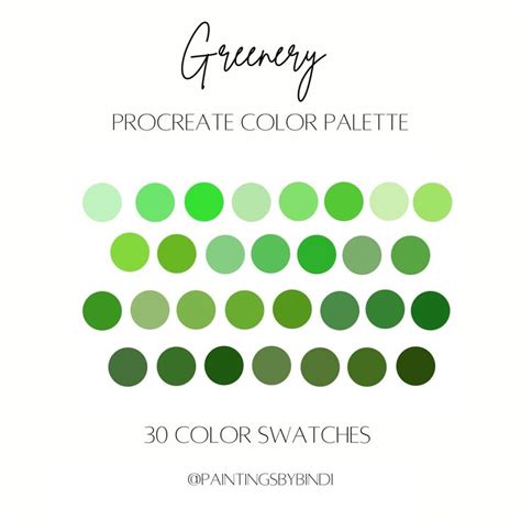 Greenery Procreate Color Palette 30 Color Swatches Ipad Illustration Tools Bright Colors Green