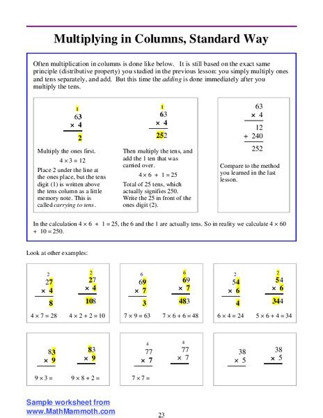 Multiplying In Columns Standard Way Lesson Plan For 6th 7th Grade