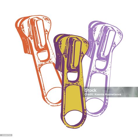 트랙터용 슬라이더 금속 지퍼 디자인과 테일러링을 위한 지퍼 기능적 세부 사항 조각 스타일의 벡터 그림입니다 재봉사 양장점 디자이너를 위한 요소 봉제 가게 가위에 대한 스톡