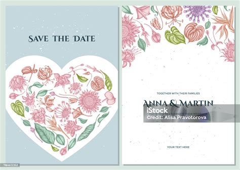 파스텔 아프리카 데이지 자홍색 글로리오사 킹 프로테아 안투륨 스트렐리치아가 있는 웨딩 초대장 개화기에 대한 스톡 벡터 아트 및 기타 이미지 Istock