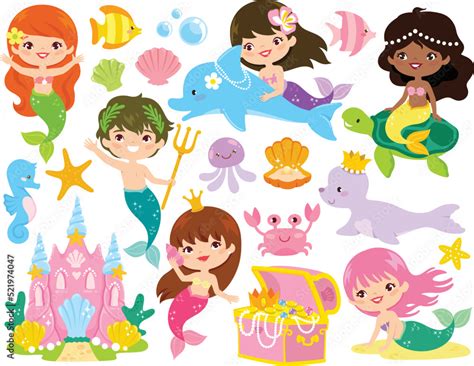 Vecteur Stock Mermaids World Clipart Set Cute Mermaids Merman Sea