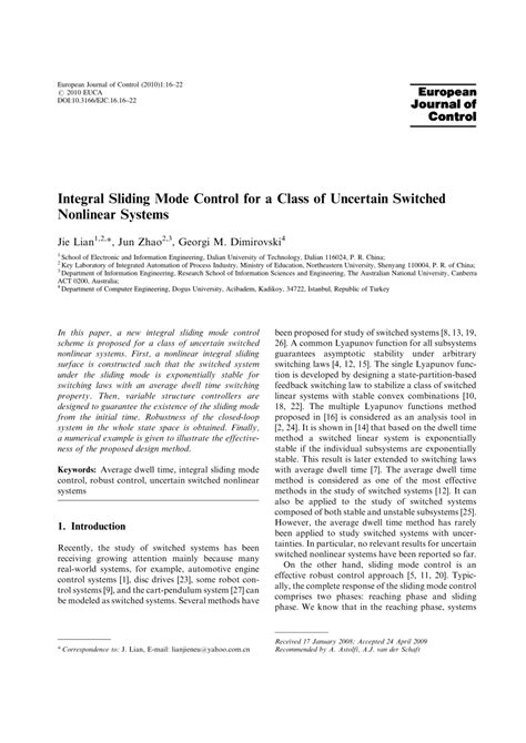 Pdf Integral Sliding Mode Control For A Class Of Uncertain Switched