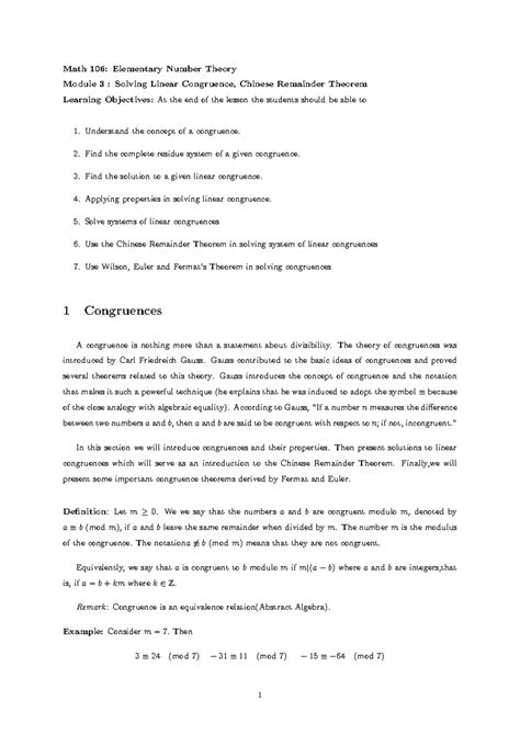 Math106 Module 3 Number Theory Math 106 Elementary Number Theory