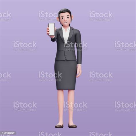 전화 화면을 보여주는 공식적인 양복을 입은 비즈니스 여성 정장 블랙 스커트를 입은 비즈니스 여성의 3d 일러스트 레이 션 전화 3차원 형태에 대한 스톡 사진 및 기타 이미지