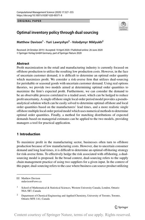 Optimal Inventory Policy Through Dual Sourcing Request Pdf