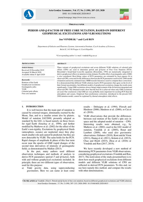 Pdf Period And Q Factor Of Free Core Nutation Based On Different Geophysical Excitations And