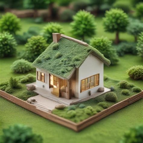 A Model Of A House With A Green Roof And A House With A Grass Roof