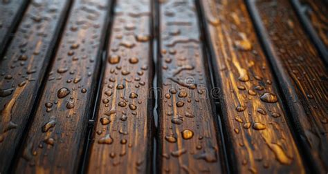 Rain Soaked Wooden Surface Glistens Under Soft Light After A Gentle Summer Shower Stock Image