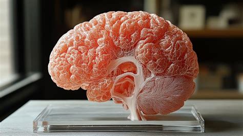 Detailed Anatomical Model Of A Human Brain Presented On A Clear Acrylic Display Stand Stock