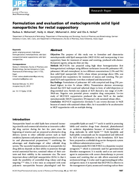Pdf Formulation And Evaluation Of Metoclopramide Solid Lipid Nanoparticles For Rectal Suppository