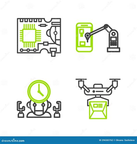 Set Line Drone Delivery Concept Robot And Digital Time Manager Industrial Machine Robotic