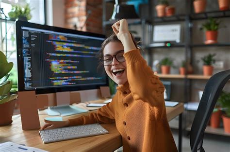Photo Of Lovely Excited Glad Woman Software Developer Sitting Armchair Comfortable Workspace