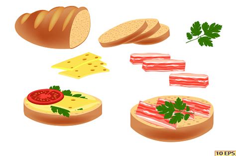 버터 소시지 치즈 토마토 파 슬 리와 샌드위치 소시지와 맛 있는 샌드위치 아침 신선한 샌드위치입니다 소시지와 치즈 슬라이스 빵 버터에 대한 스톡 벡터 아트 및 기타 이미지