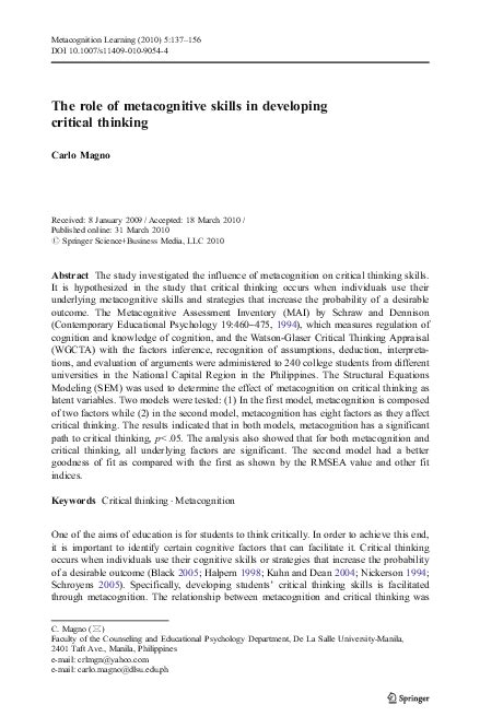 Pdf The Role Of Metacognitive Skills In Developing Critical Thinking