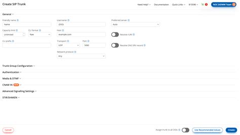 Create SIP Trunk DIDWW Documentation