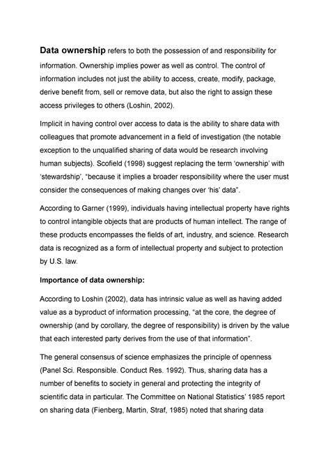 Data Ownership Data Ownership Refers To Both The Possession Of And Responsibility For