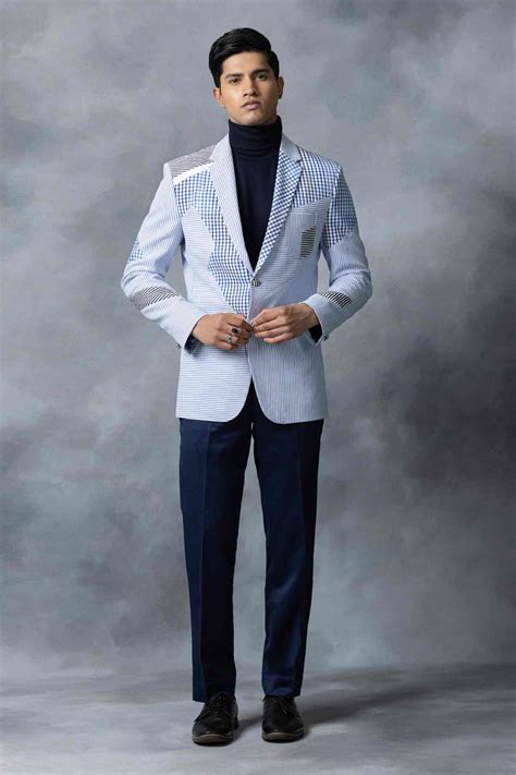 Buy Sarab Khanijou Blue Seersucker Fabric Multi Patched Blazer Online
