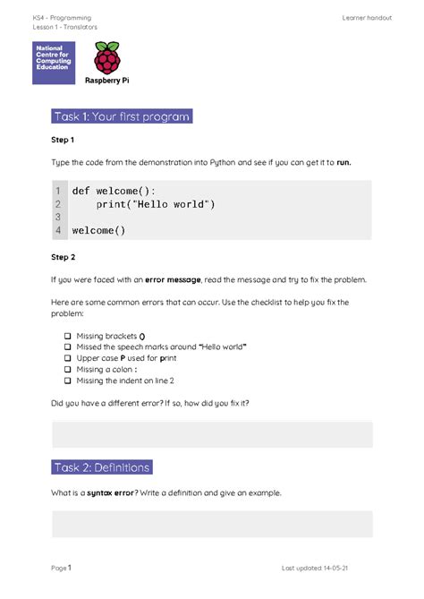 A2 Worksheet Your First Python Code Ks4 Programming Lesson 1