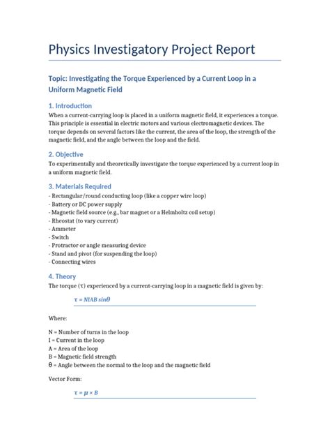 Torque Current Loop Physics Project Final Pdf Magnetic Field Magnetism