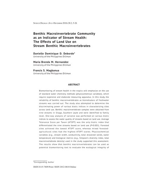 Pdf Benthic Macroinvertebrate Community As An Indicator Of Stream Health The Effects Of Land