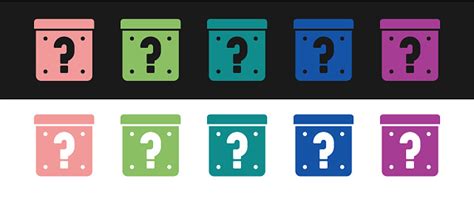 흑백 배경에 고립된 게임 아이콘에 대한 미스터리 상자 또는 무작위 전리품 상자를 설정합니다 물음표 알 수 없는 깜짝 상자 벡터 미스터리에 대한 스톡 벡터 아트 및 기타