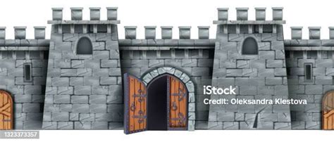 성 돌 벽 원활한 중세 게임 배경 나무 도시 게이트 오래된 문 허점을 열었다 만화에 대한 스톡 벡터 아트 및 기타 이미지 만화 벽돌 성 건축물 Istock