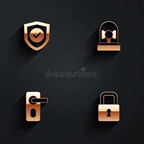 Set Shield With Check Mark Ringing Alarm Bell Fingerprint Door Lock And Lock Icon With Long