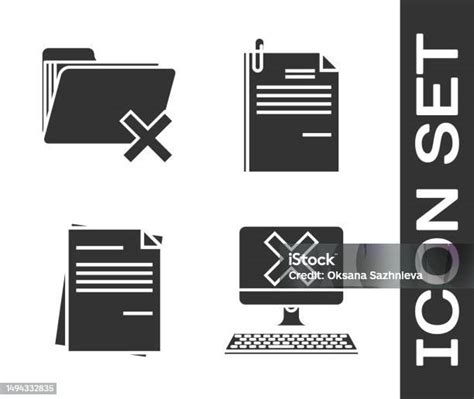 키보드와 X 표시 폴더 삭제 파일 문서 및 파일 문서 및 종이 클립 아이콘으로 컴퓨터를 설정합니다 벡터 0명에 대한 스톡 벡터