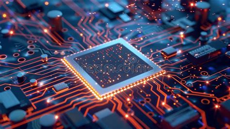 Close Up Of Illuminated Microchip On Circuit Board Stock Illustration