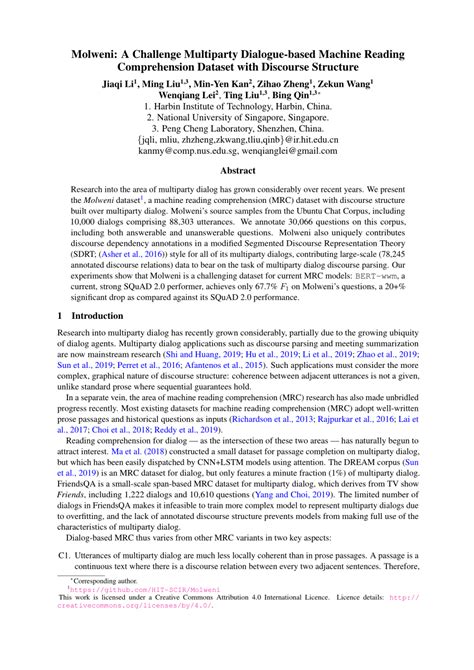 Pdf Molweni A Challenge Multiparty Dialogues Based Machine Reading
