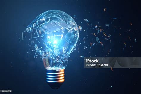 3d 그림 폭발 빛 전구 개념 창의적 사고와 혁신적 솔루션 파란색 배경에 전구에 대한 스톡 사진 및 기타 이미지 전구 총알 폭발 Istock